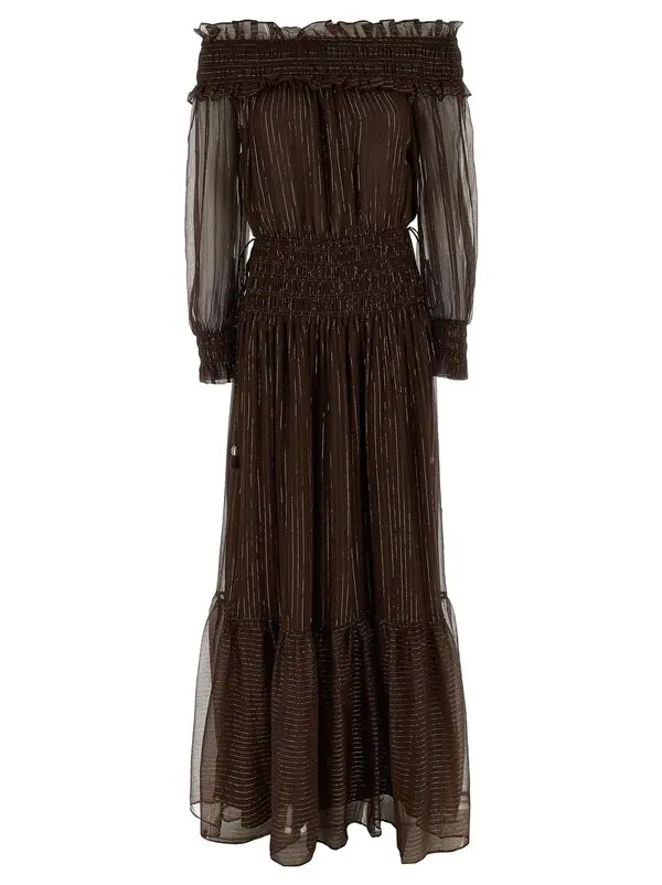 SELF-PORTRAIT Off-shoulder Crinkled Georgette Maxi Dress - Brown