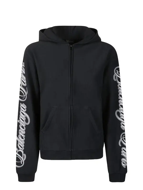 Balenciaga Cotton Logo Hooded Zip-fastening Sweatshirt - Black