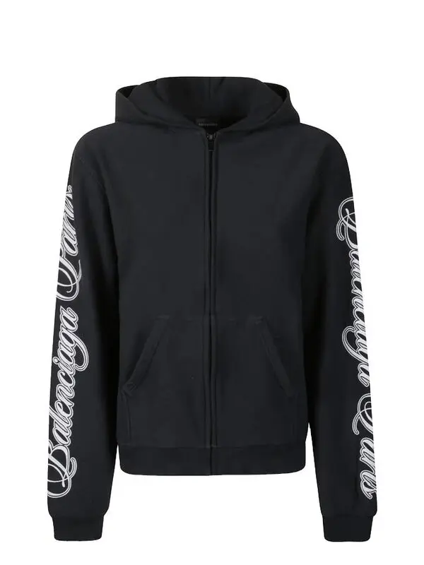 Balenciaga Cotton Logo Hooded Zip-fastening Sweatshirt - Black