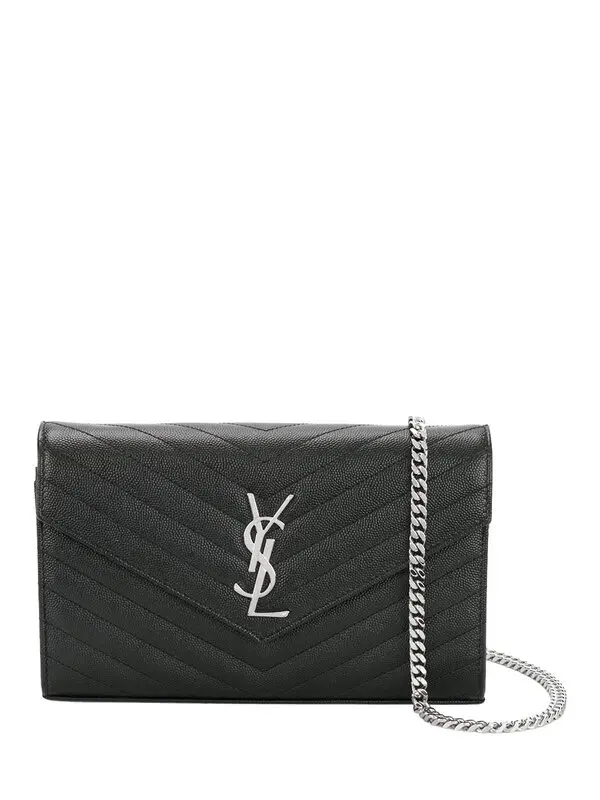 Saint Laurent Classic Cassandre Chain Wallet In Grain De Poudre Leather - Black