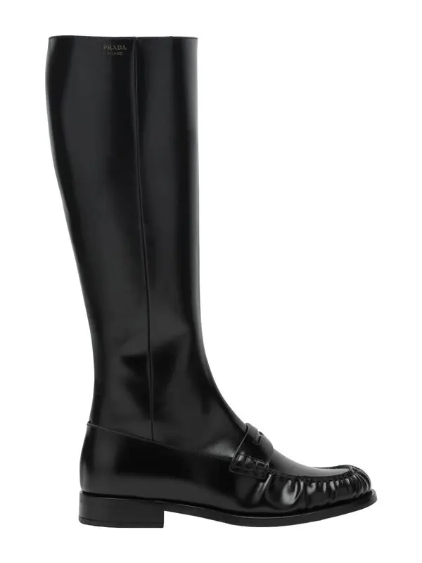 Prada Glossy Leather Penny Boots - Black