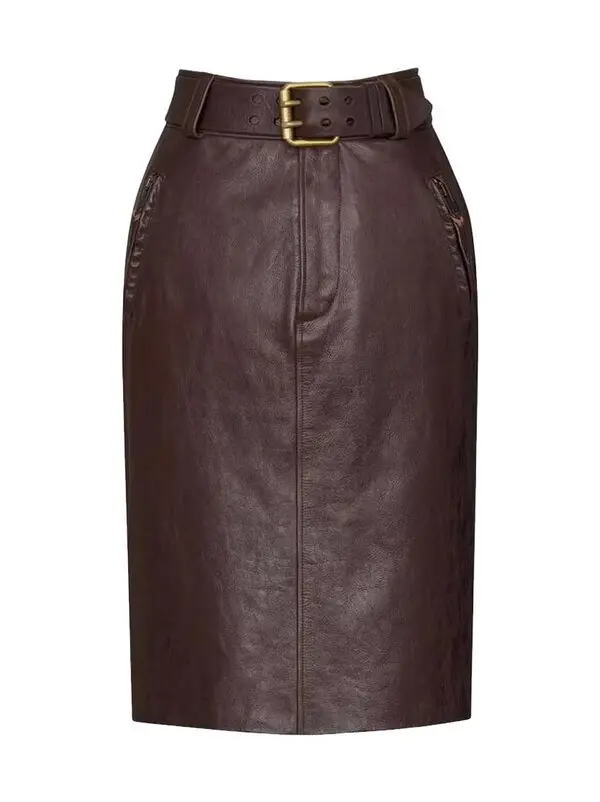 Saint Laurent Belted Pencil Skirt In Creased Leather - Red