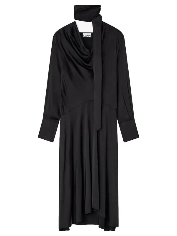GANNI Midi Dress With Scarf - Black