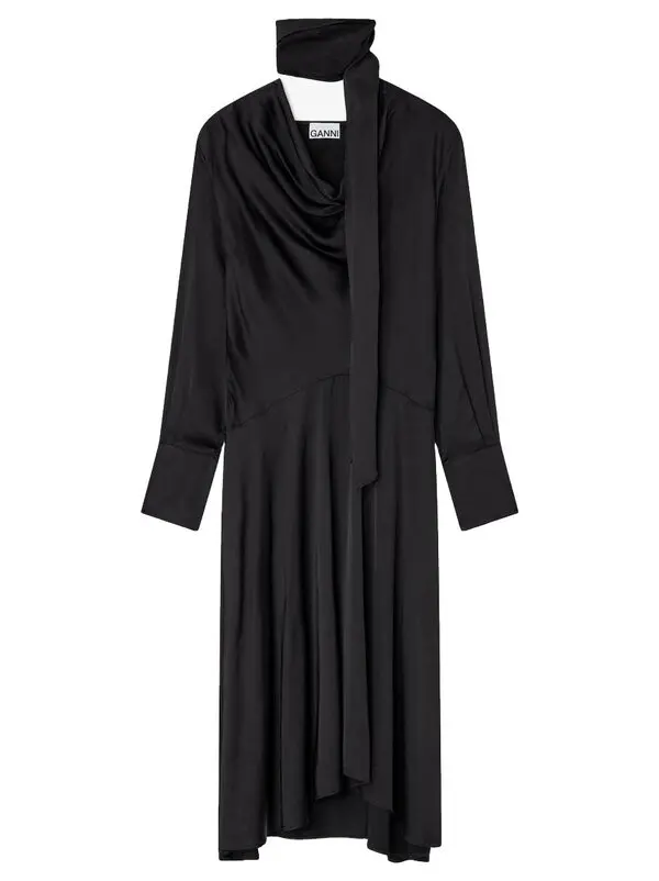 GANNI Midi Dress With Scarf - Black