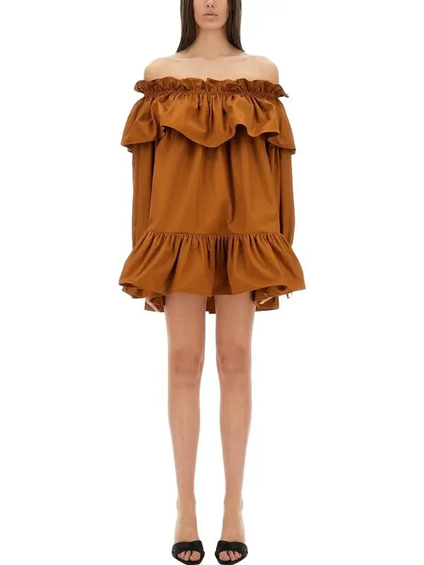 Saint Laurent Off The Shoulder Ruffled Cotton Dress - Brown