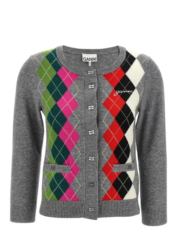 GANNI Argyle Pattern Merino Wool And Cashmere Cardigan - Gray