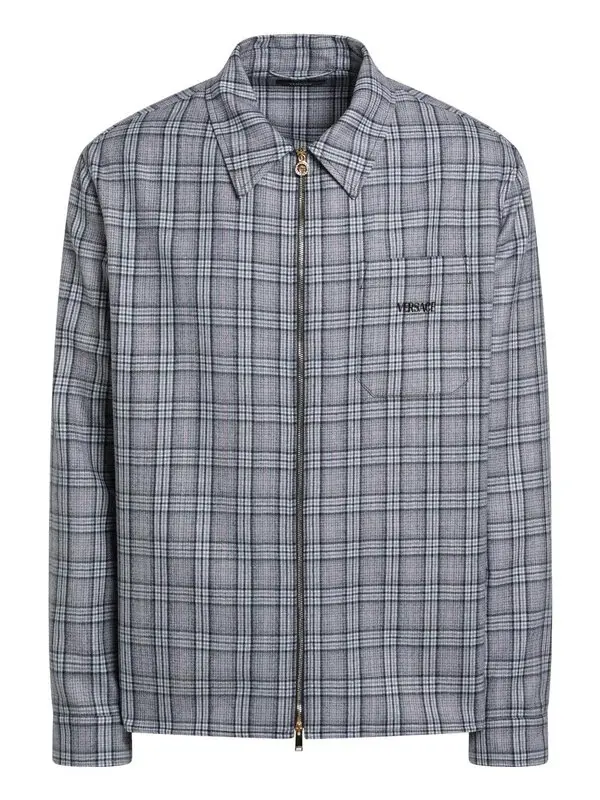 Versace Light Blue Zip-up Checked Shirt - Multicolor