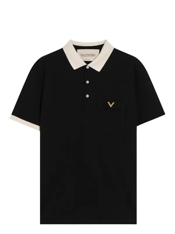 Valentino Garavani Cotton Pique Polo Shirt With Vgold - Black