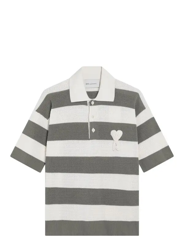 AMI Paris Striped Cotton Knit Polo Shirt - White