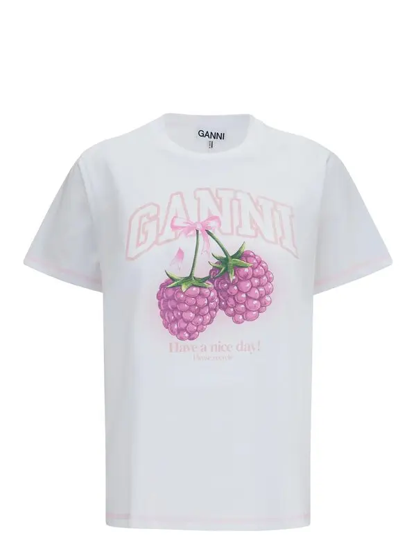 GANNI Cotton T-shirt With Raspberry Print - White