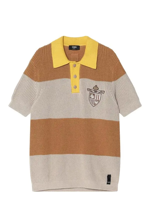 Fendi Knitted Cotton Polo Shirt With Sand And Beige Stripes - Gray