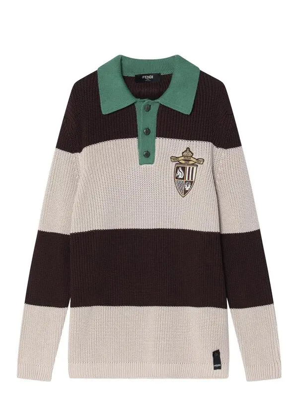 Fendi Knitted Cotton Polo Shirt With And Beige Stripes - Brown