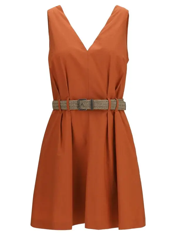 Brunello Cucinelli Pleated Dress With Rope Belt - Orange