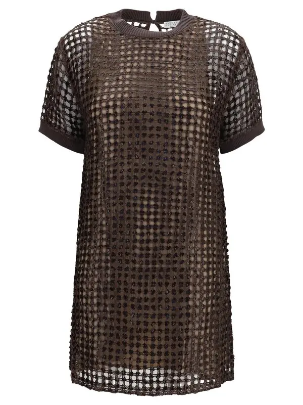 Brunello Cucinelli Sequin Mesh Mini Dress - Brown