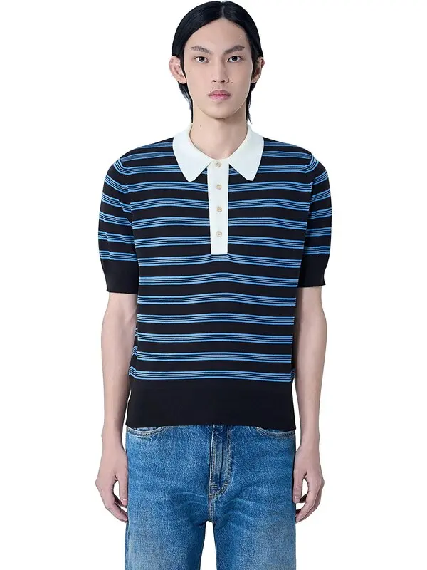 WALES BONNER Striped Knit Polo Shirt - Blue