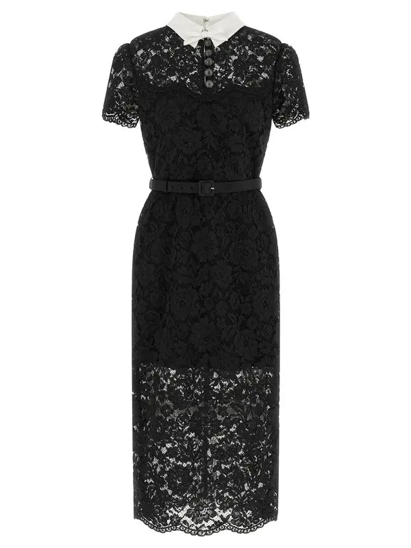 SELF-PORTRAIT Lace Contrast Collar Midi Dress - Black