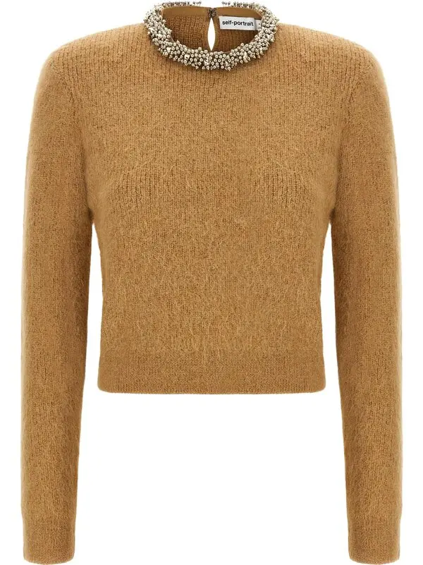 SELF-PORTRAIT Jewel Embroidered Crew Neck Sweater - Brown