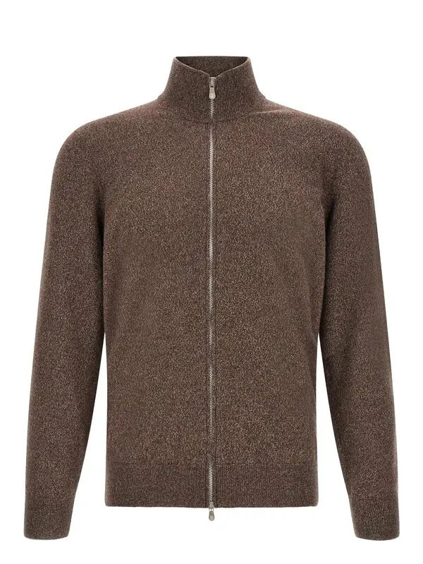 Brunello Cucinelli High Neck Cardigan With Zip - Brown