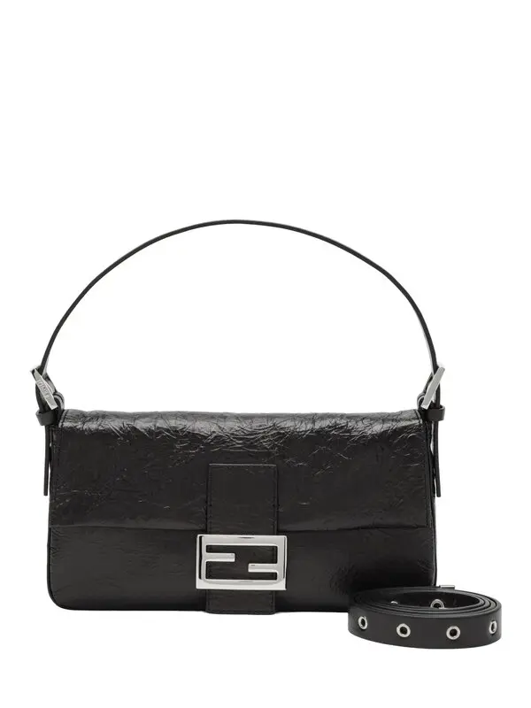 Fendi Glossy Crinkled Leather Baguette - Black