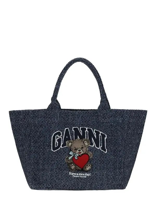 GANNI Medium Denim Tote Bag With Bear - Blue