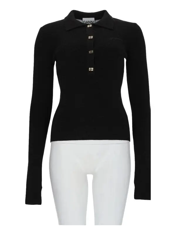 GANNI Wool Knit Polo Shirt - Black
