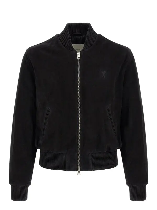 AMI Paris De Coeur Suede Leather Bomber Jacket - Black