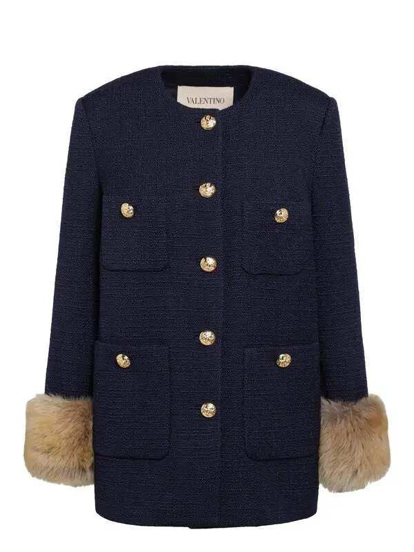 Valentino Garavani Navy Peacoat In Wool Tweed - Blue