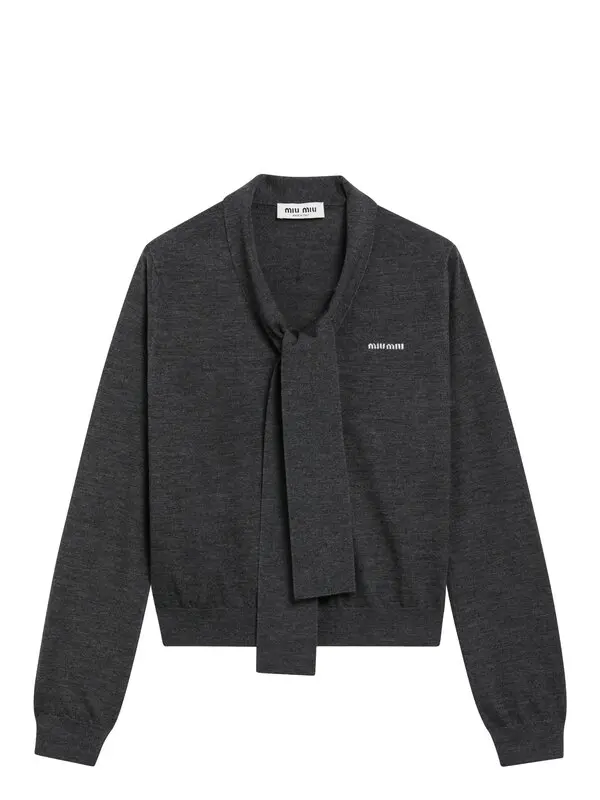 Miu Miu Virgin Wool Cardigan With Integrated Scarf - Gray