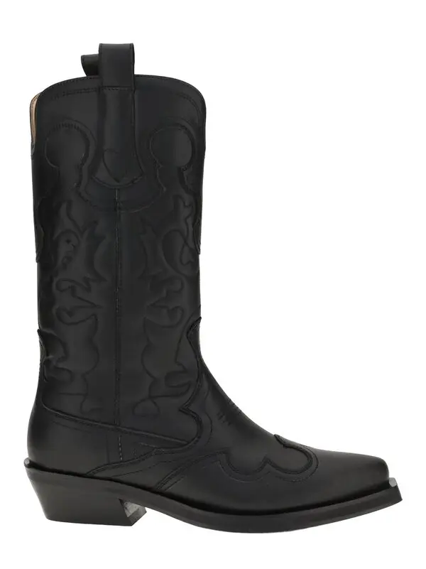 GANNI Embroidered Western Boots - Black