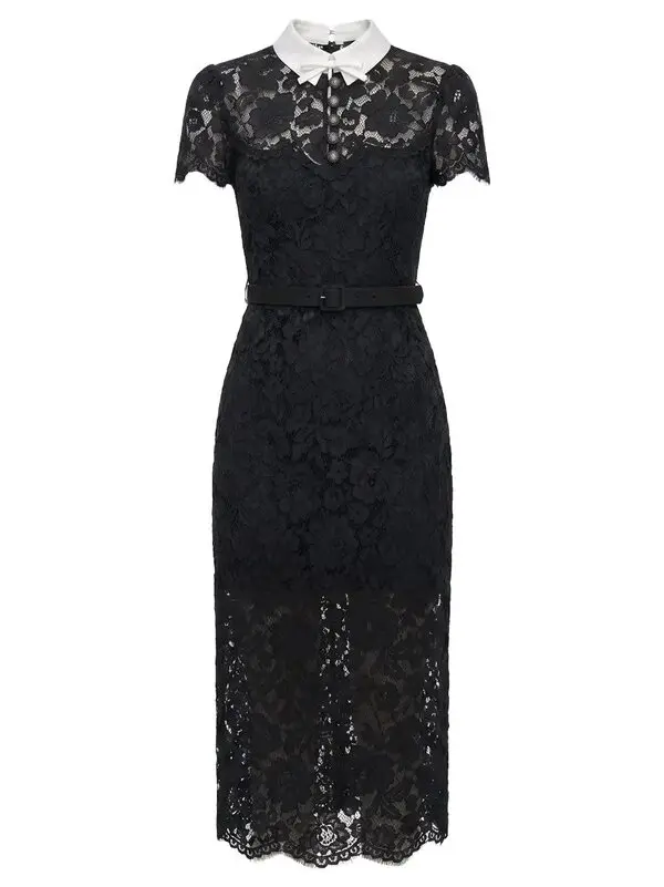 SELF-PORTRAIT Lace Contrast Collar Midi Dress - Multicolor