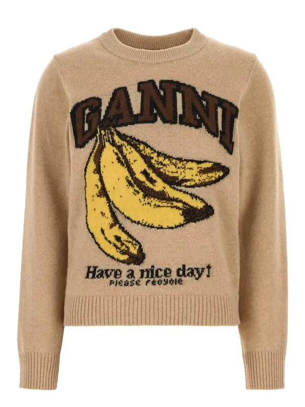 GANNI Wool Blend Graphic Pullover - Brown