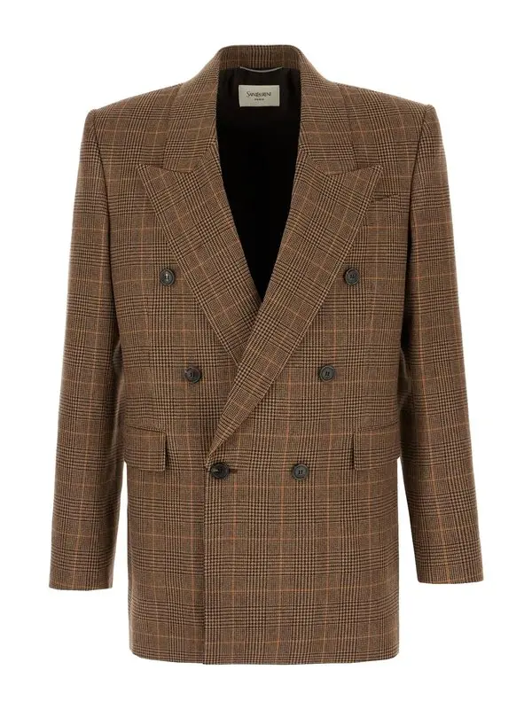 Saint Laurent Checked Wool Blend Double Breasted Blazer - Multicolor