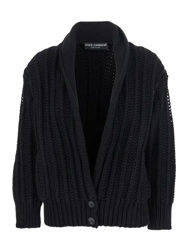 Dolce & Gabbana Black Cardigan With Wide Neckline On The Front In Virgin Wool - Multicolor