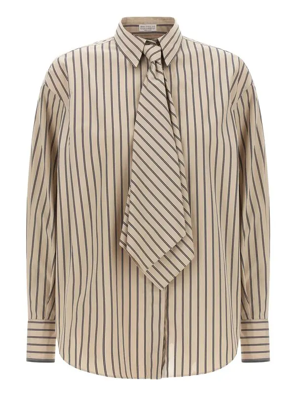 Brunello Cucinelli Striped Shirt With Integrated Tie - Cream