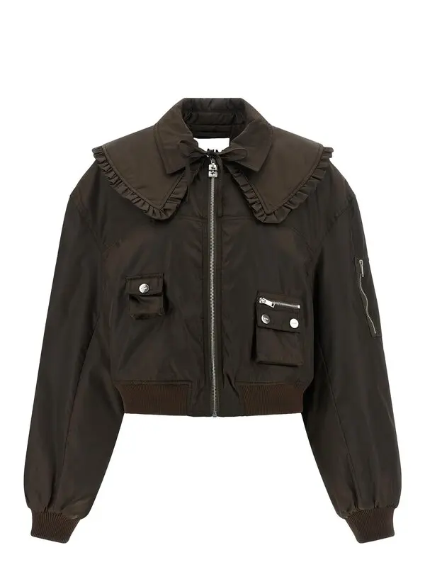 GANNI Duchesse Nylon Bomber Jacket - Brown