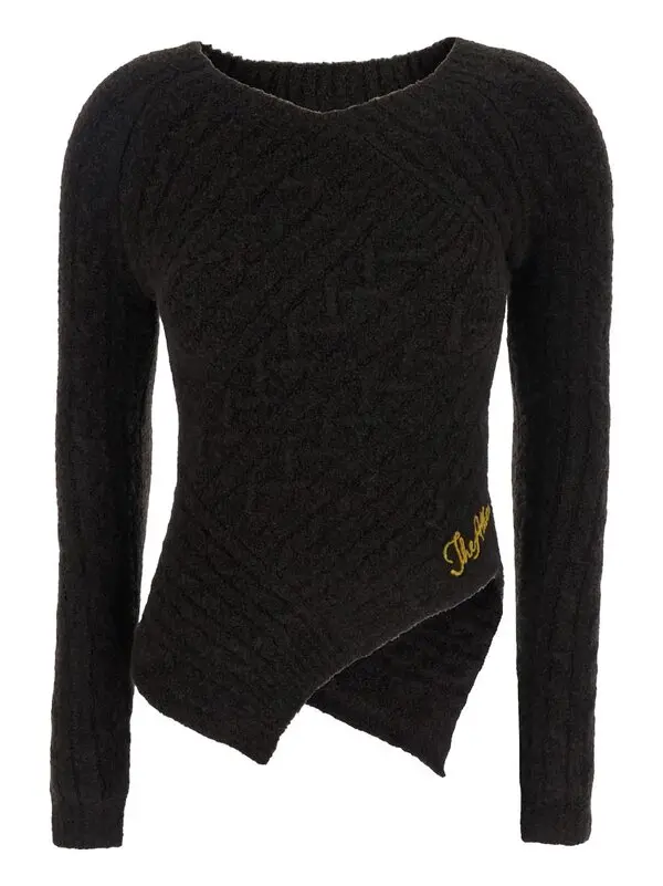 Attico Brown Sweater With Asymmetrical Design And Logo Lettering In Wool - Multicolor