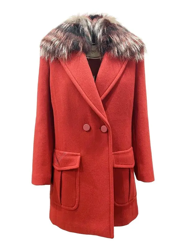 Fendi Fur Collar Wool Coat - Red