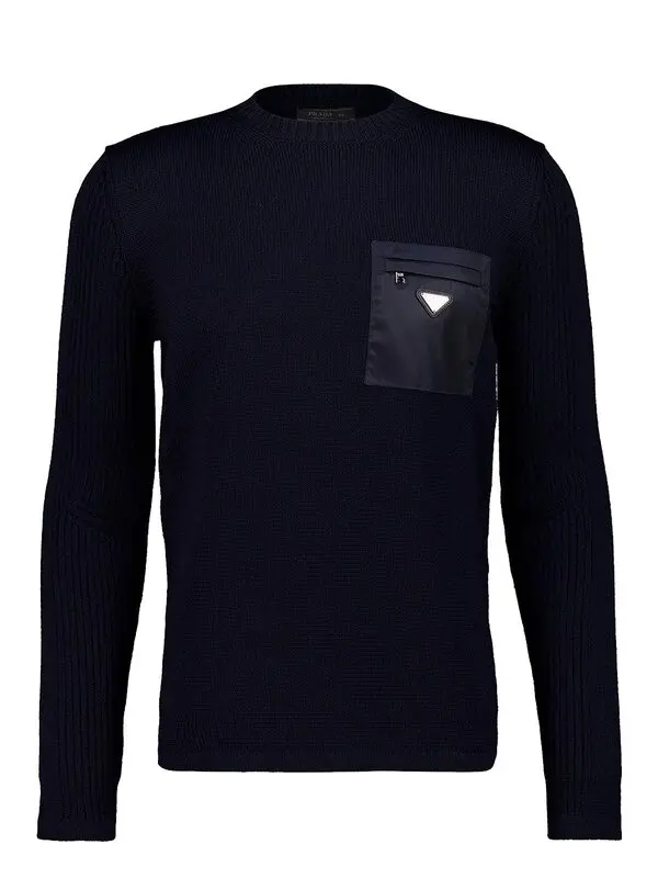 Prada Wool Sweater With Nylon Patch Pocket - Blue