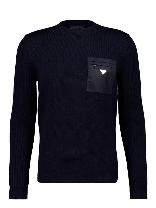 Prada Wool Sweater With Nylon Patch Pocket - Blue