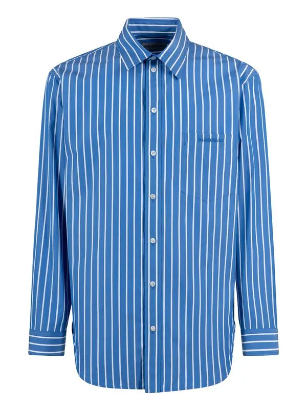 Balenciaga Regular Fit Striped Cotton Shirt - Blue