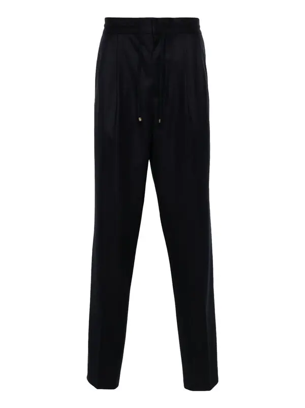 Brunello Cucinelli Wool Flannel Leisure Fit Trousers With Drawstring And Double Pleats - Blue