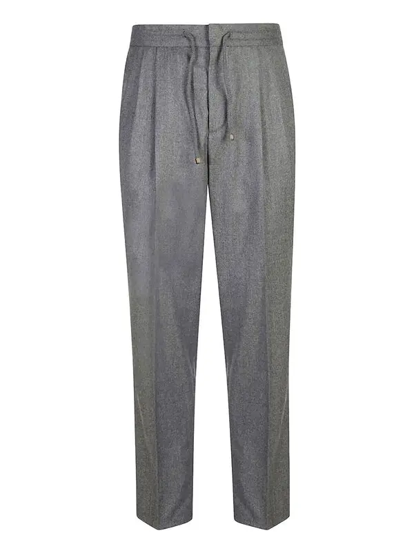 Brunello Cucinelli Wool Flannel Leisure Fit Trousers With Drawstring And Double Pleats - Gray