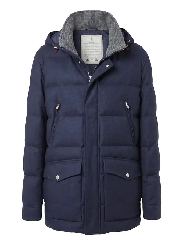 Brunello Cucinelli Bonded Wool Flannel Down Parka With Detachable Hood - Blue