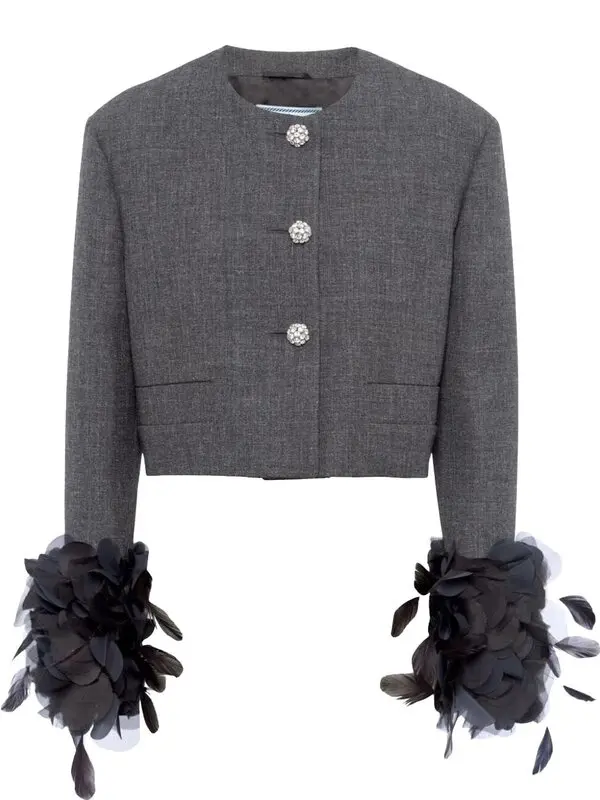 Prada Cropped Wool Jacket With Feather Cuffs - Multicolor