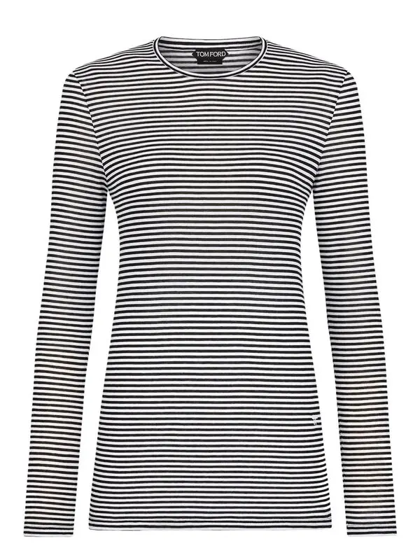 TOM FORD Long-sleeved Striped T-shirt With Tonal Tf Embroidered Logo - Black