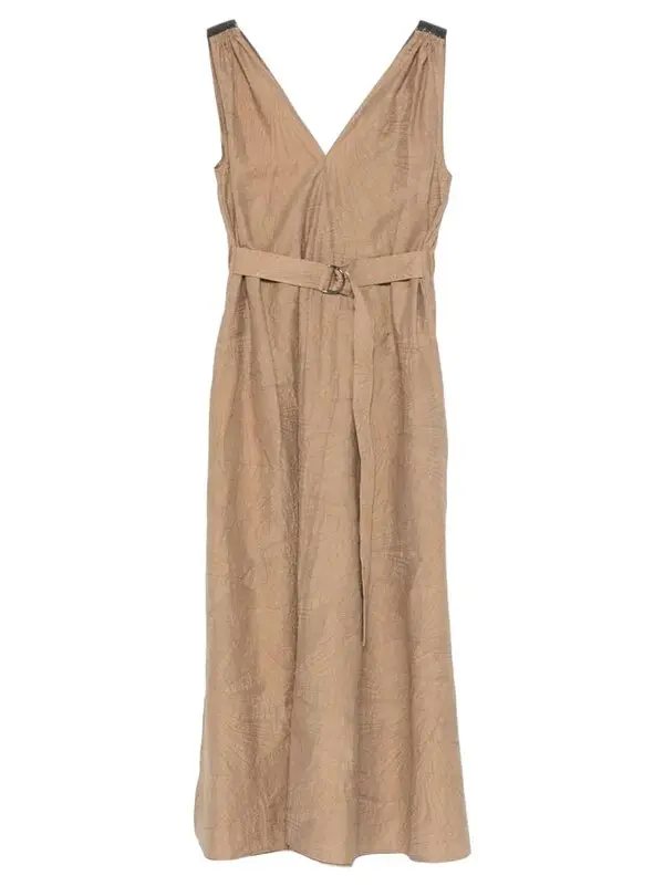 Brunello Cucinelli V-neck Belted Midi Dress - Multicolor
