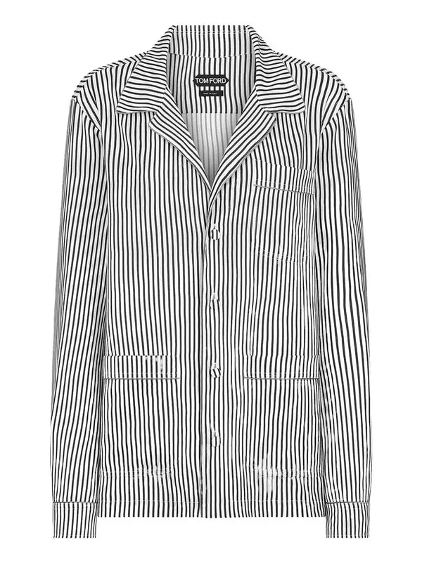 TOM FORD Striped Silk Pj Shirt With Piping And Tonal Tf Embroidered Logo - Black