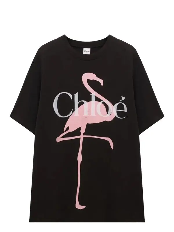 Chloé Oversized Fit Flamingo-print Cotton Jersey T-shirt - Black