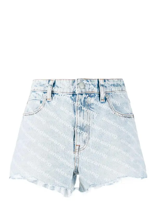 Alexander Wang All-over Logo Printed Denim Shorts - Blue
