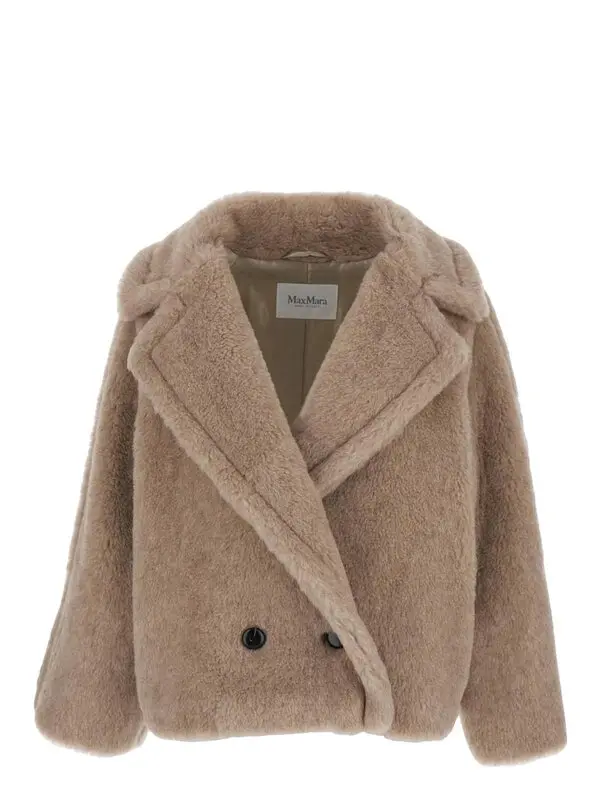 Max Mara Cambusa' Beige Jacket Double-breasted With Notched Revers Wide In Fur - Multicolor